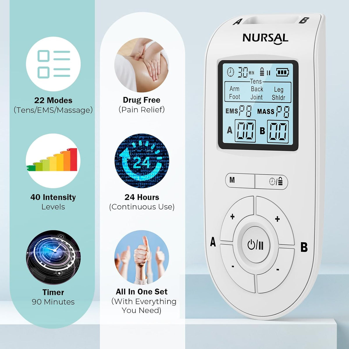NURSAL 3-in-1 Tens Unit Muscle Stimulator Machine, Dual Channel Electr – Nursal